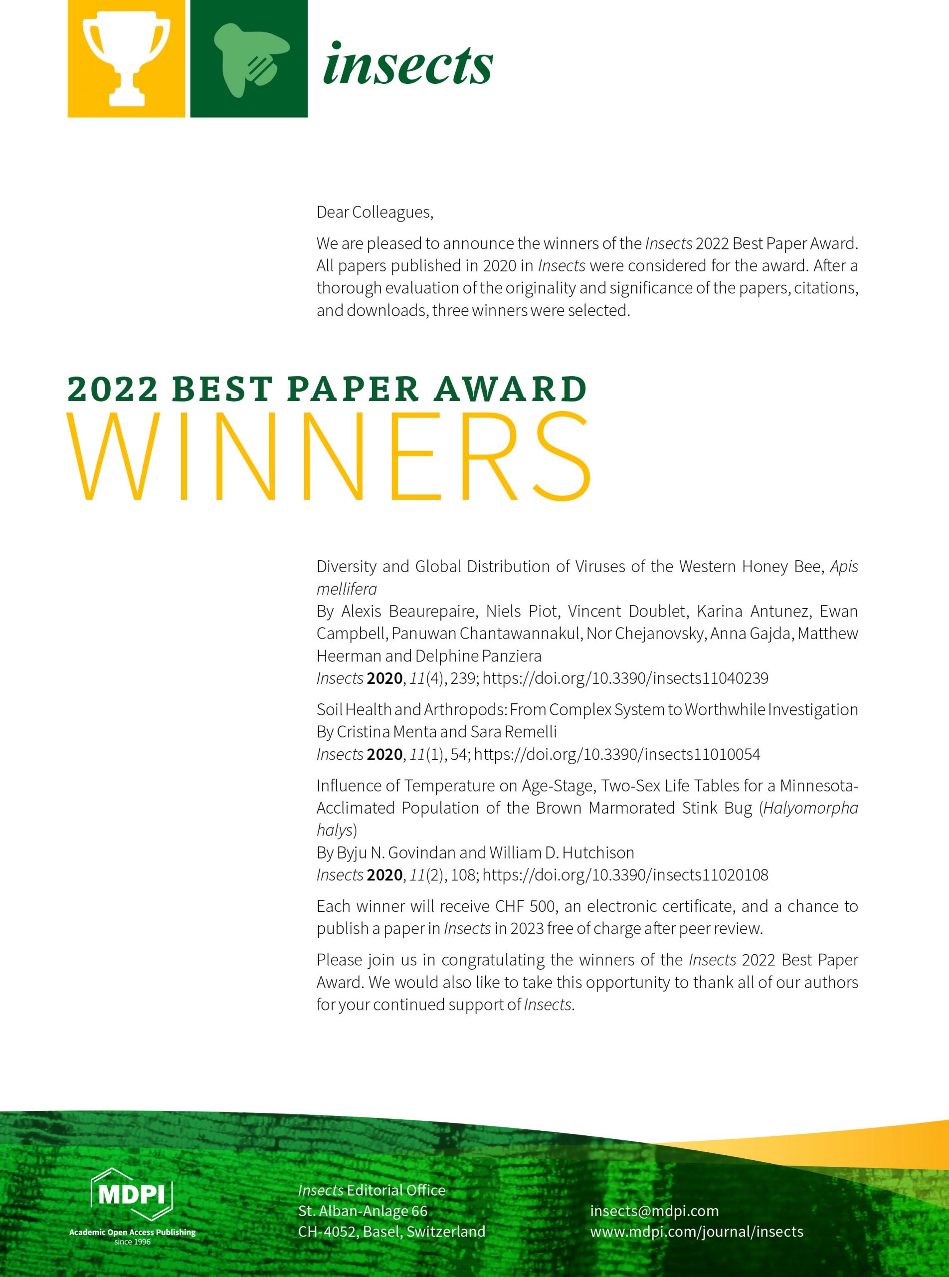 Nagroda MDPI Insects - dr Anna Gajda - Instytut Medycyny Weterynaryjnej